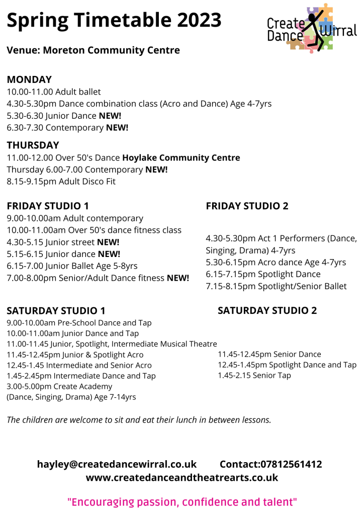 Dance Timetable, Dance Lessons In Wirral - Create Dance